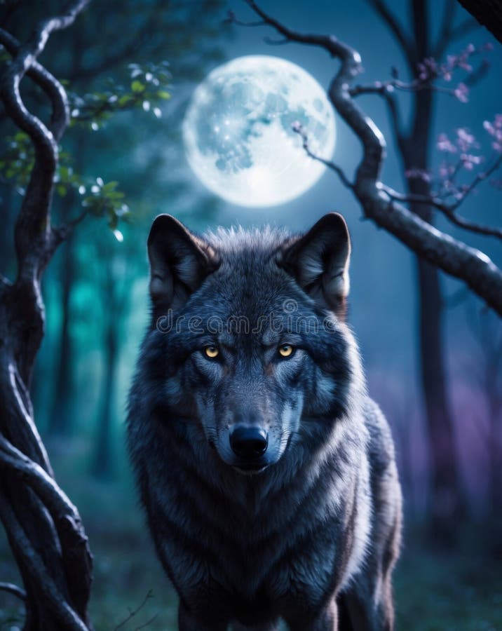 Dark Wolf Staring Intently in Forest at Night. Stock Image - Image of ...