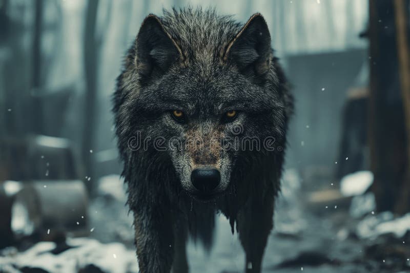 Dark Wolf Staring in Snowy Forest: Intense Wildlife Portrait Stock ...