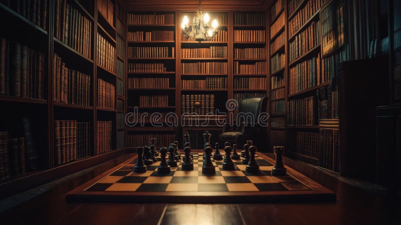 Dark Wood Chessboard Set Up in a Quiet Library Stock Photo - Image of ...