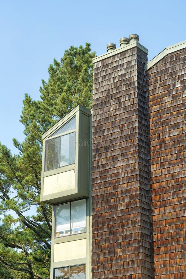 Dark Wood Chimney and Timber Paneling on Side of House Facade with ...