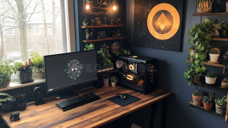 Dark Wood Desk Gaming Setup with Abundant Plants Stock Illustration ...