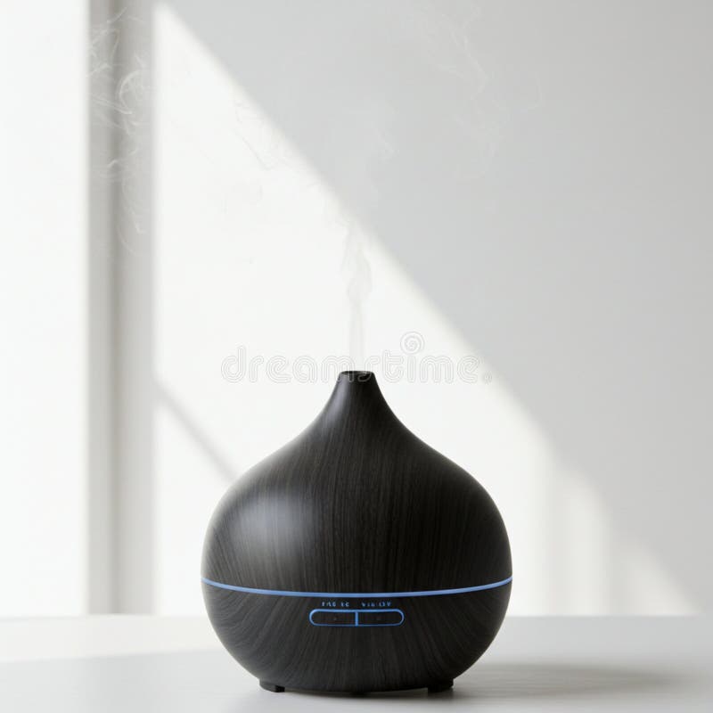 A Dark Wood-grain Essential Oil Diffuser Sits on a Light Surface ...