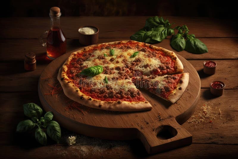 Dark Wood Table Top with a Pizza Topped with Ground Beef and Tomato ...