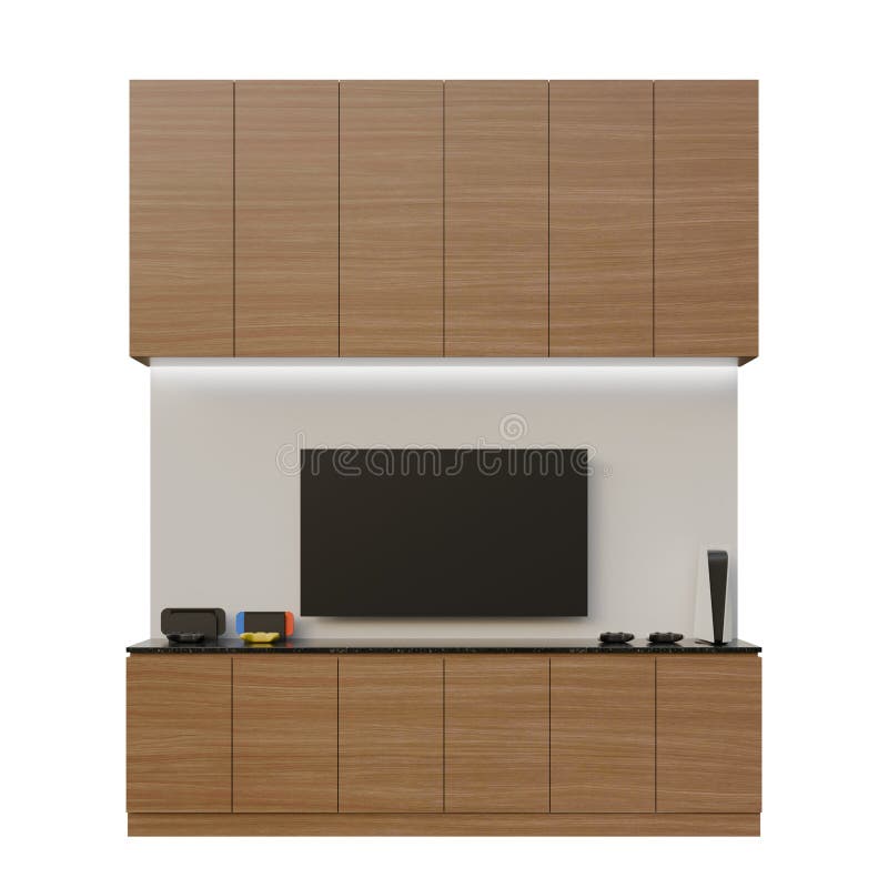 Dark Wood TV Table Set Front View 3D Render Illustration Stock ...