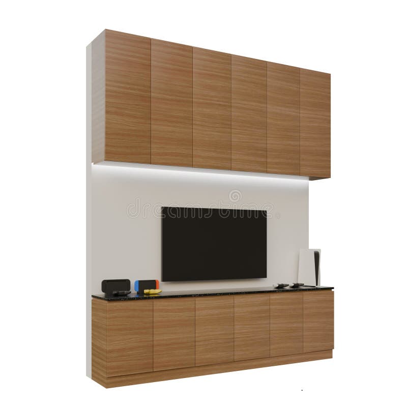 Dark Wood TV Table Set Left Side View 3D Render Illustration Stock ...