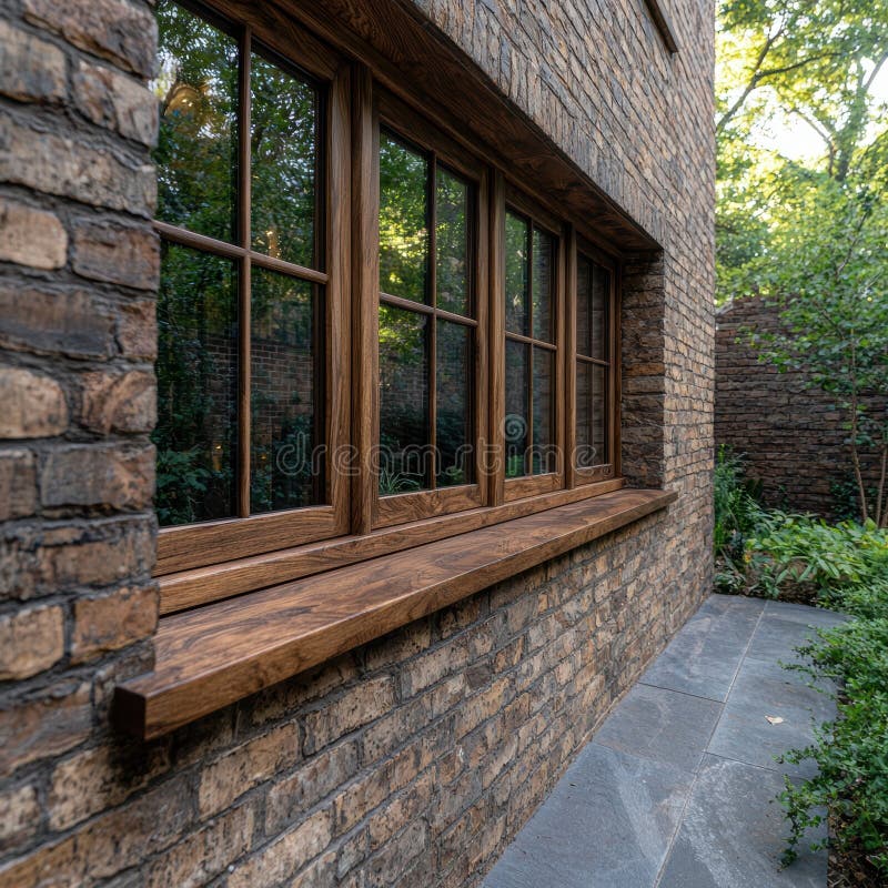 Dark Wood Window with Brick Wall and Stone Pathway Stock Illustration ...