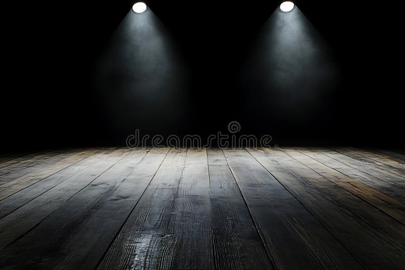 Dark Wooden Stage with Spotlights, Dramatic Empty Floor Background ...