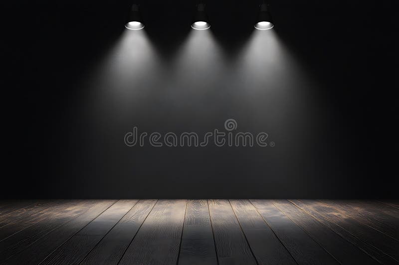 Dark Wooden Stage with Three Spotlights, Dramatic Backdrop, Empty ...
