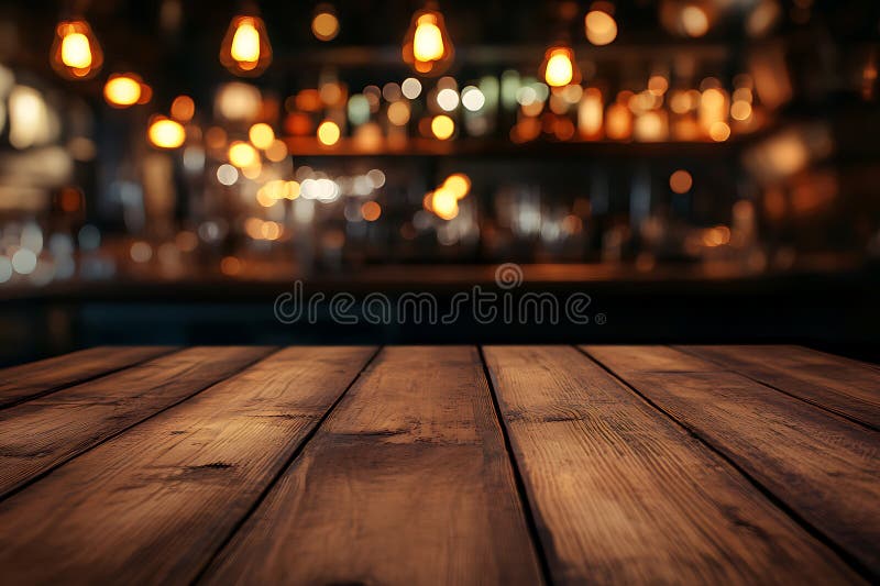 Dark Wooden Table in Blurry Bar Background Stock Illustration ...