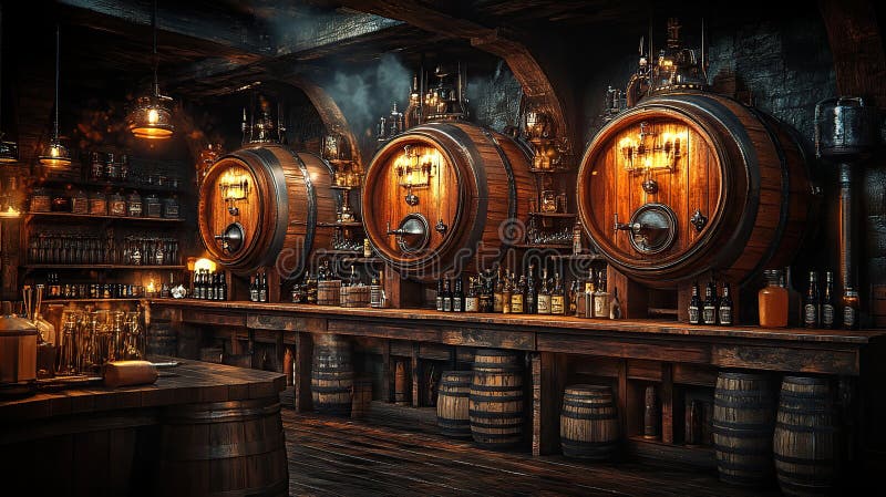 Dark Wooden Tavern Barrels Interior Stock Illustration - Illustration ...