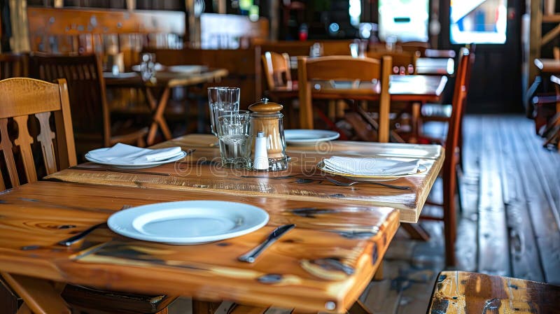 A Dark Wooden Wall Backdrop, an Empty Table Set with Plates and Cutlery ...