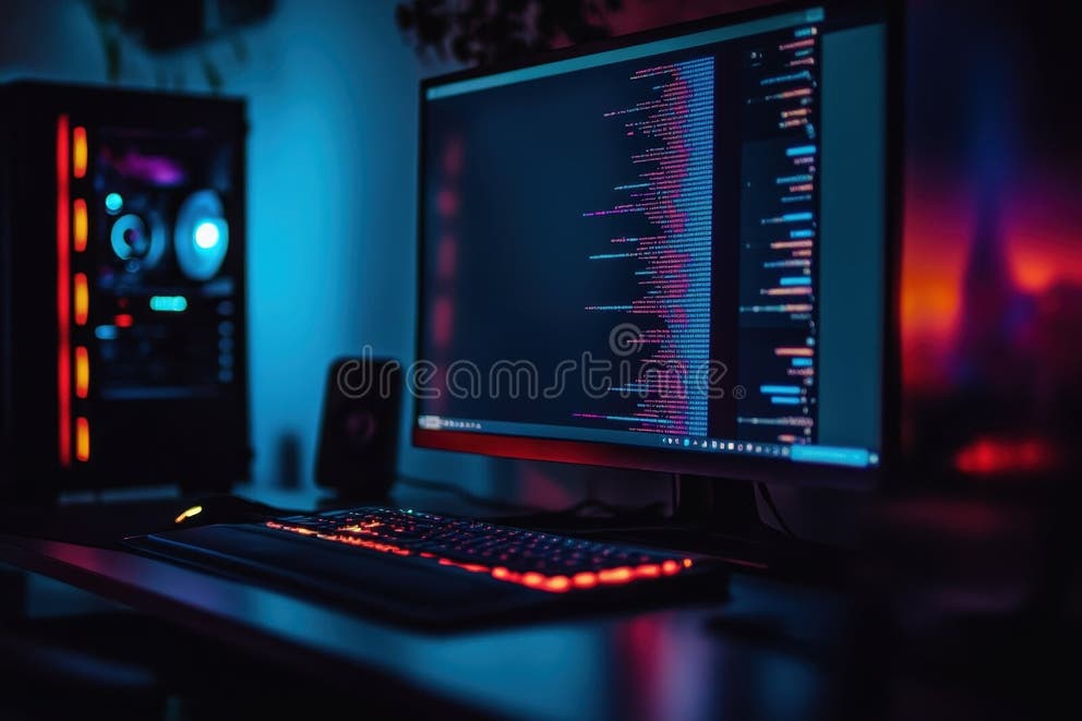 Ambient Workspace with Glowing Keyboard and Computer Screen Displaying ...