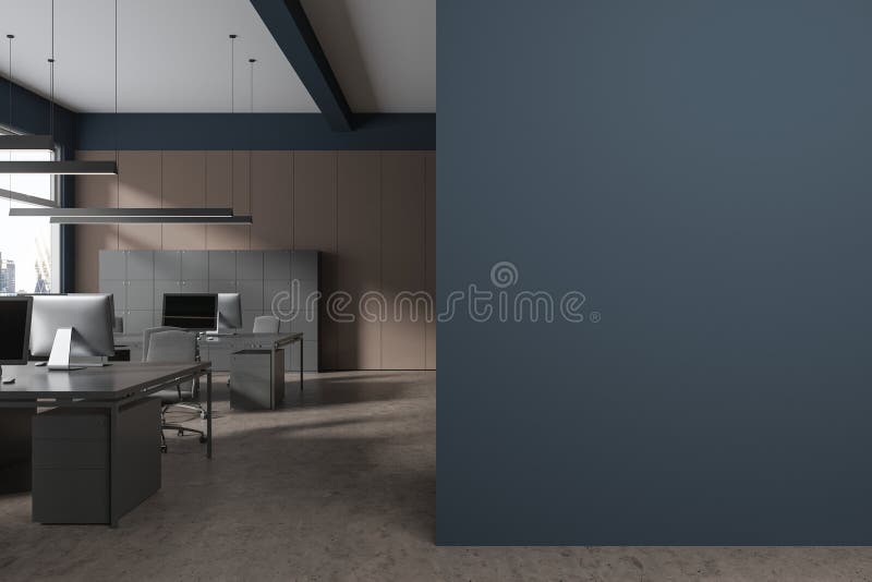 Dark Workspace Interior With Pc Computer On Desk In Row Mock Up Wall