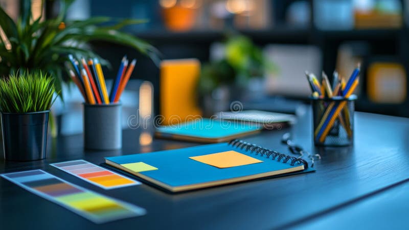 Dark Workspace with Notebook and Color Palette in Natural Light Setting ...