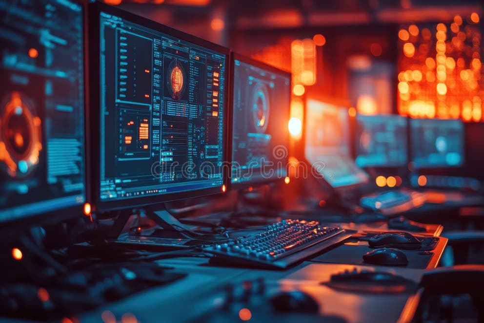 High-tech Workstation in a Dimly Lit Environment Featuring Multiple ...