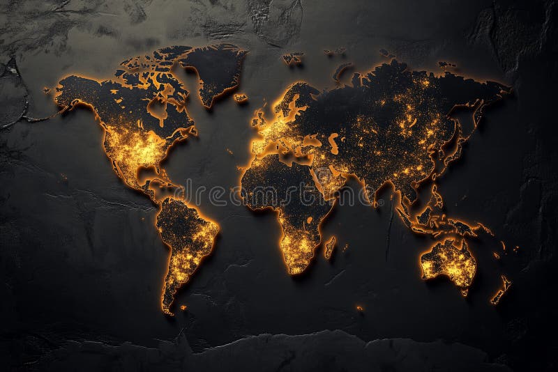 Dark World Map Illuminated by Rich Gold Highlights Representing Cities ...