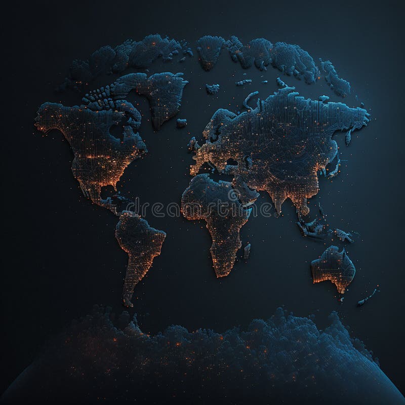 Dark World Map Illustration Neon. Background Image 2D Stock ...