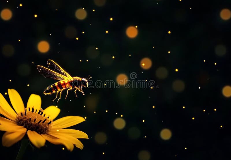 In the Dark, a Yellow Flower is Being Flown Over by a Firefly with a ...