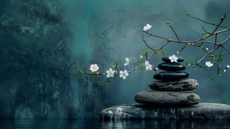Dark Zen Pebbles with Flower Tree Branch Stock Illustration ...