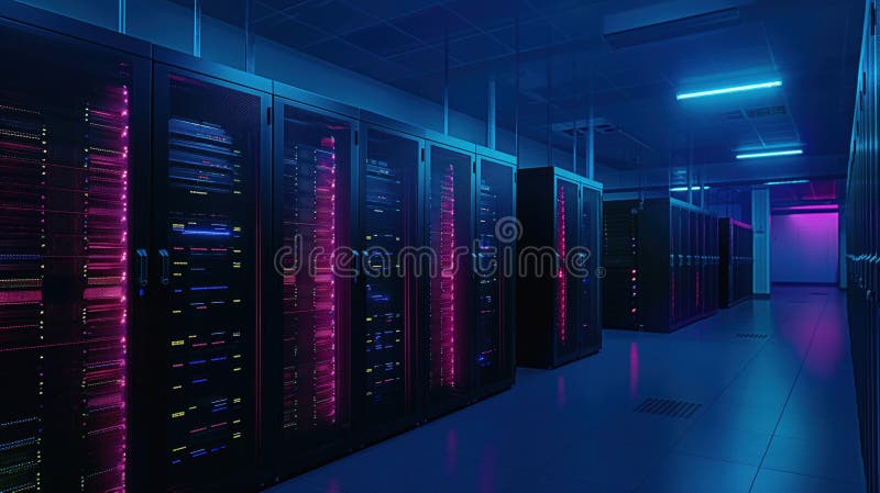 Darkened Data Center Interior with Rows of Operational Server Racks ...