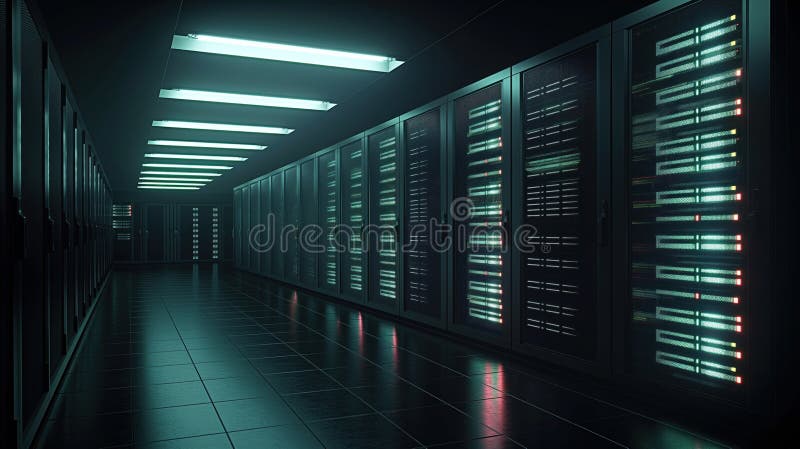 Darkened Data Center Room with Glowing Servers in a 3d Rendering. Rows ...