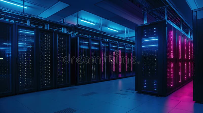 Darkened Room Filled with Rows of Operational Server Racks Under Neon ...