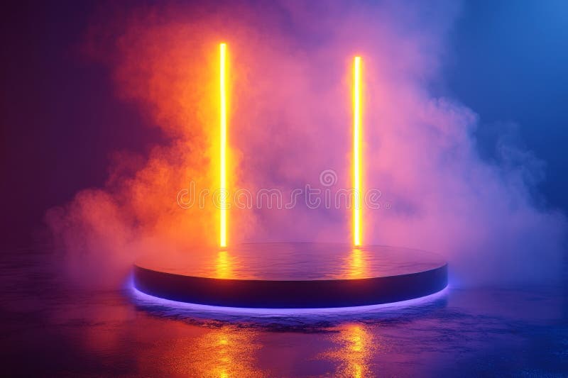 In a Darkened Room, a Stage Illuminated with Steps and Smoke Rises ...