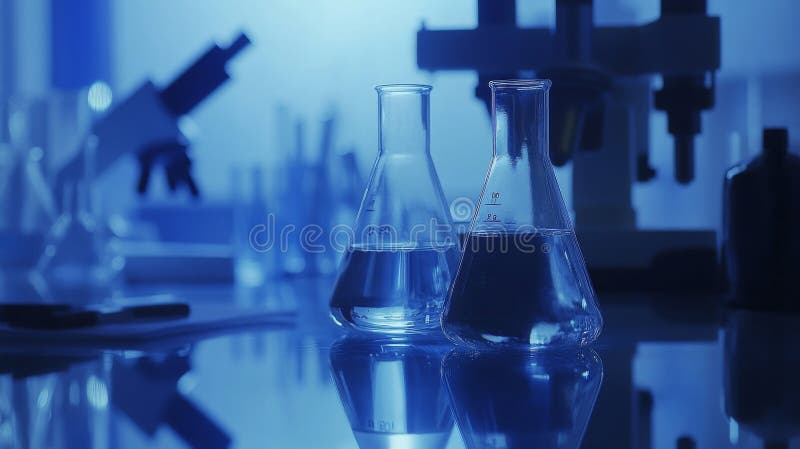 Darkened Science Lab Scene with Glass Flasks and Microscope Stock Photo ...