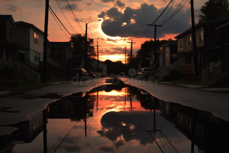 Darkened Sky Over Eclipse Reflection in Puddle Stock Image - Image of ...