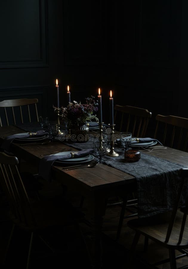 Darkly Lit Rustic Dining Table Setting with Candles Stock Illustration - Illustration of ...