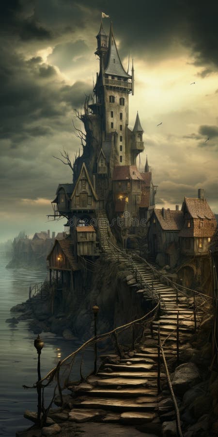 Fantasy Realism: Wooden Castle in Dark Area with Bridge Stock ...