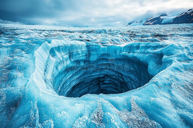Darkness Looms in Deep Icy Crevasse Surrounded Sharp Blue Walls of Ice ...