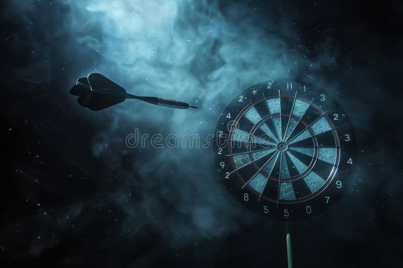 Dart Approaching a Dartboard through Moody Smoke. Dramatic Scene with ...
