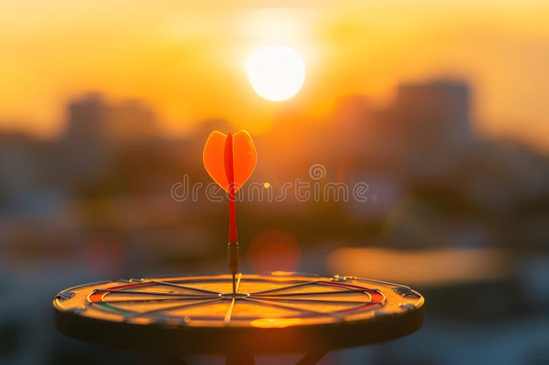 Dart Arrow Hitting Center of Target with Trophy at Sunset Stock ... Dart Arrow Hitting Center of Target with Trophy at Sunset Stock ...