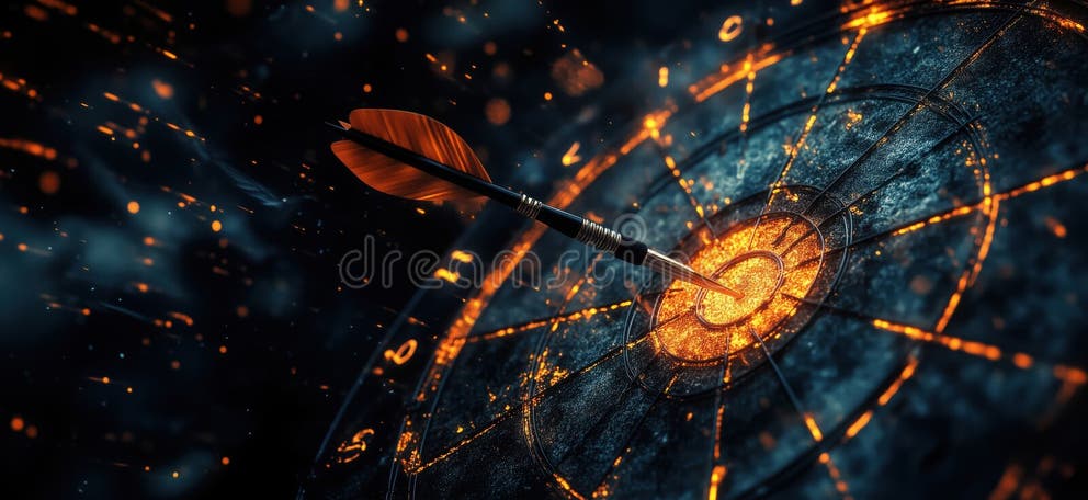 Dart Hitting Glowing Target in Dark Atmosphere with Sparks and Light ...