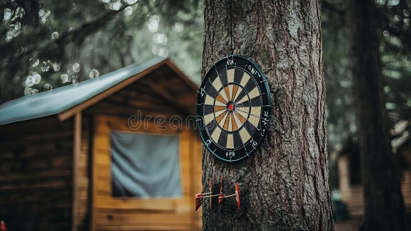 A Dartboard Hanging from a Tree at a Rustic Campsite with Darts Nearby ...