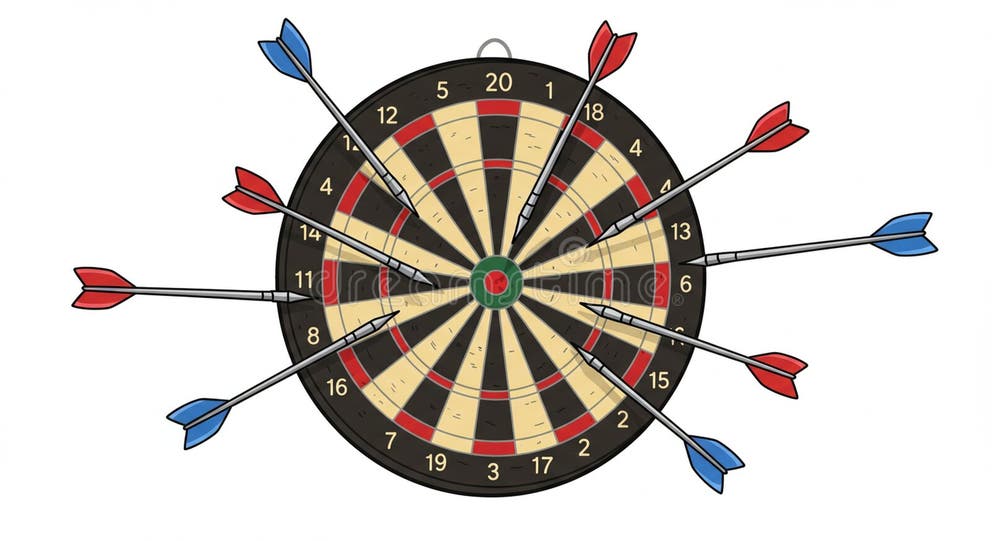 Dartboard with Numbered Sections and Seven Darts Embedded. Darts ...