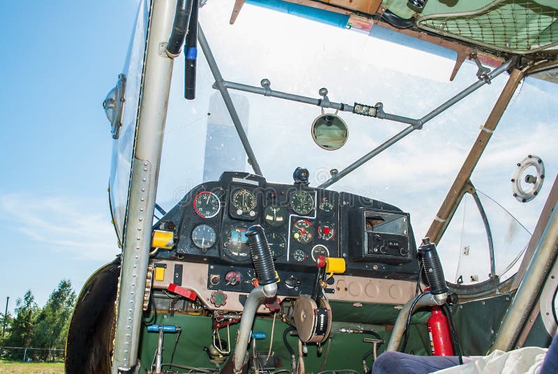 Dashboard in Cockpit with Analog Guages of Old Personal Plane. Closeup ...