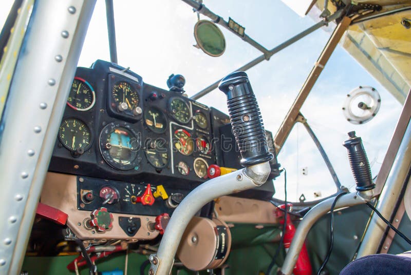 Dashboard in Cockpit with Analog Guages of Old Private Plane. Closeup ...