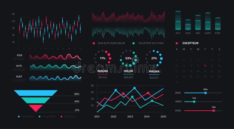 Dashboard Data Infographic. UI Kit for Website Admin Panel with Graphs Charts and Progress Bars ...