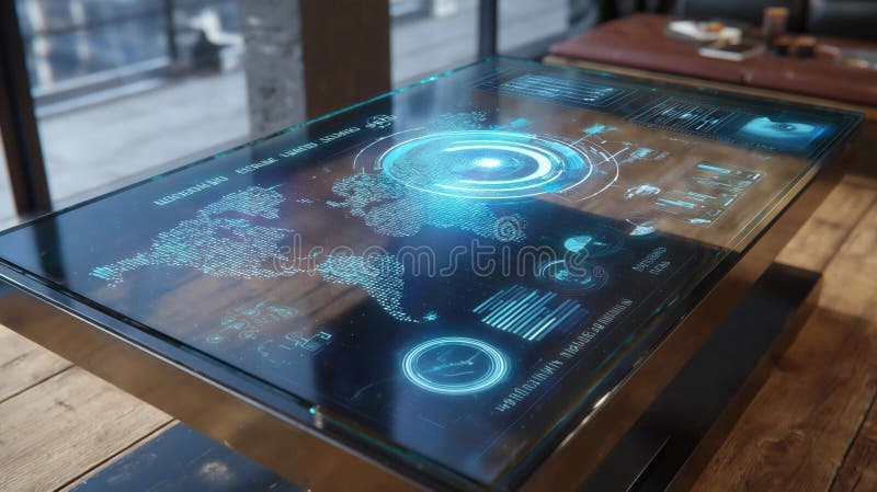 Dashboard Projected on a Sleek Glass Table in a Smart Office, Camera ...