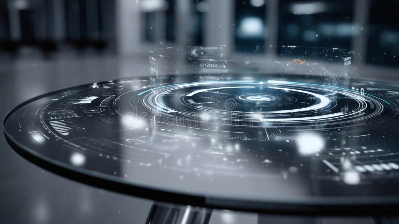 Dashboard Projected on a Sleek Glass Table in a Smart Office, Camera ...