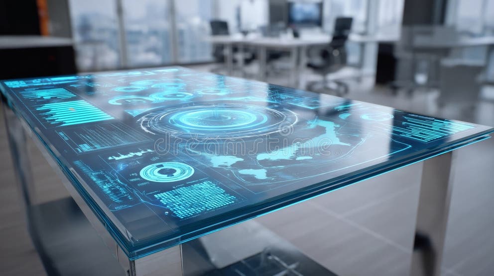 Dashboard Projected on a Sleek Glass Table in a Smart Office, Camera ...