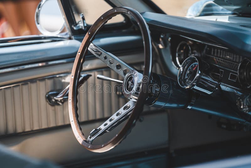 Dashboard and Steering Wheel of a Classic American Muscle Car Editorial ...