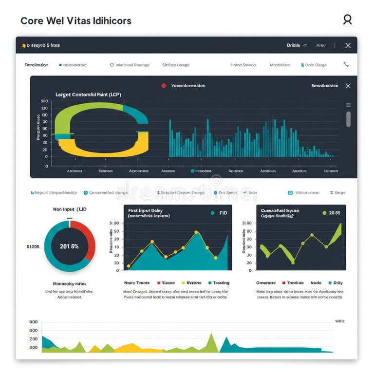 Dashboard with Various Graphs and Charts Displaying Data Metrics. Features Include a Stock ...