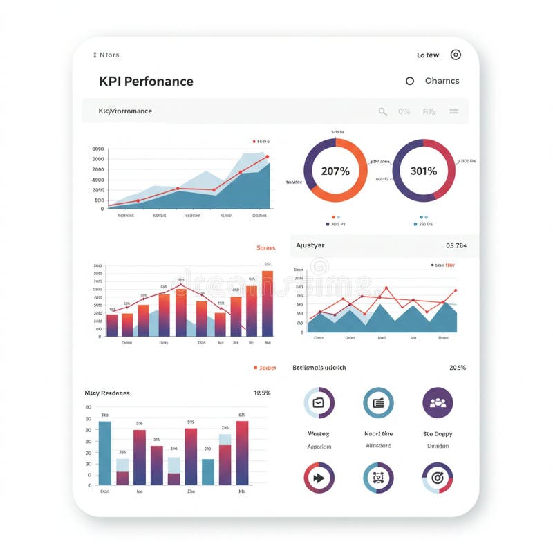 Dashboard with Various Performance Metrics. Features Include Line and Bar Graphs, Stock ...