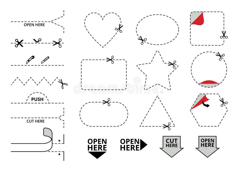 Dashed Cut Lines. Cut Here Icon, Peel Corner Stickers and Open Here ...
