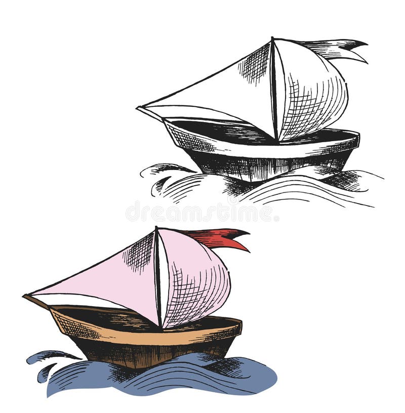 Dashed Drawing of Sailing Boats on the Sea Waves Stock Vector ...