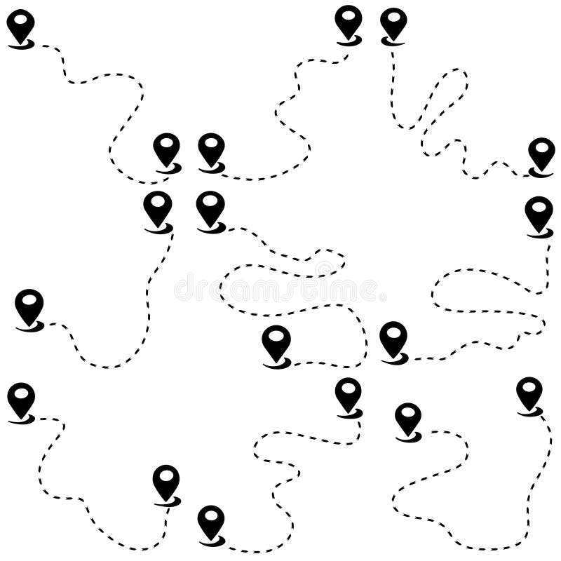 Dashed Line Map with Location Pins Stock Illustration - Illustration of ...