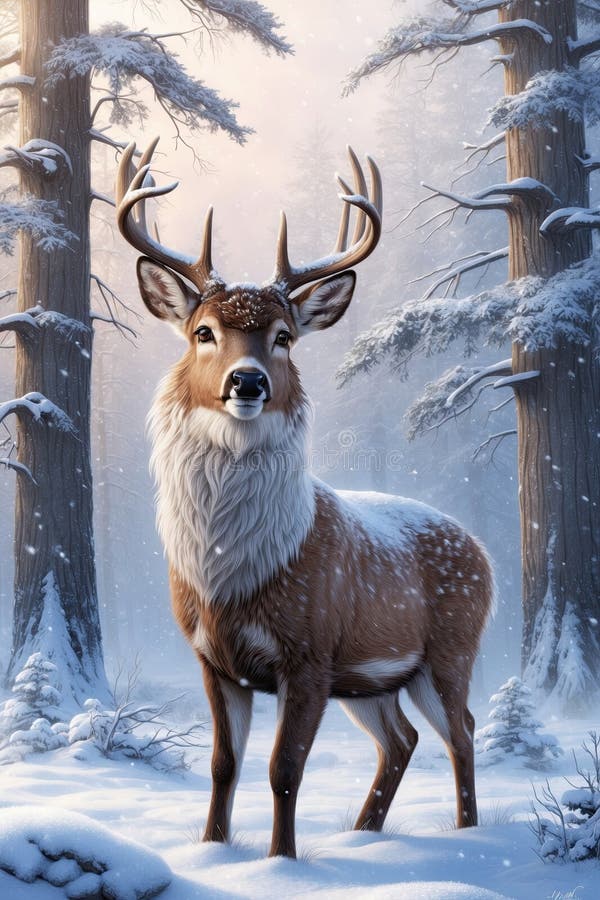 Dashing Deer Standing Alone in Frozen Forest with Snowing Tree As Background Stock Illustration ...